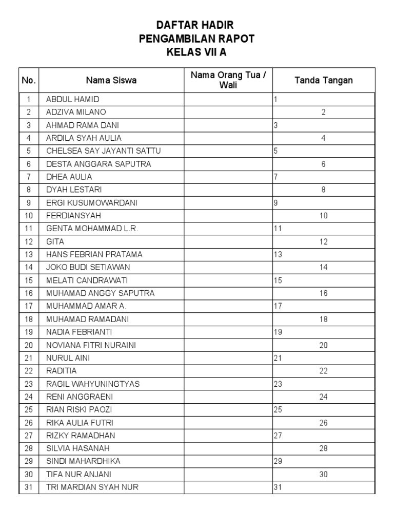 Daftar Hadir Pengambilan Raport | PDF