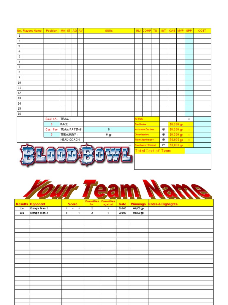 Blood Bowl Team Roster Template | PDF | Technology & Engineering