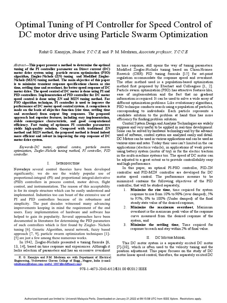 Optimal Tuning of PI Controller For Speed Control of DC Motor Drive Using Particle Swarm ...