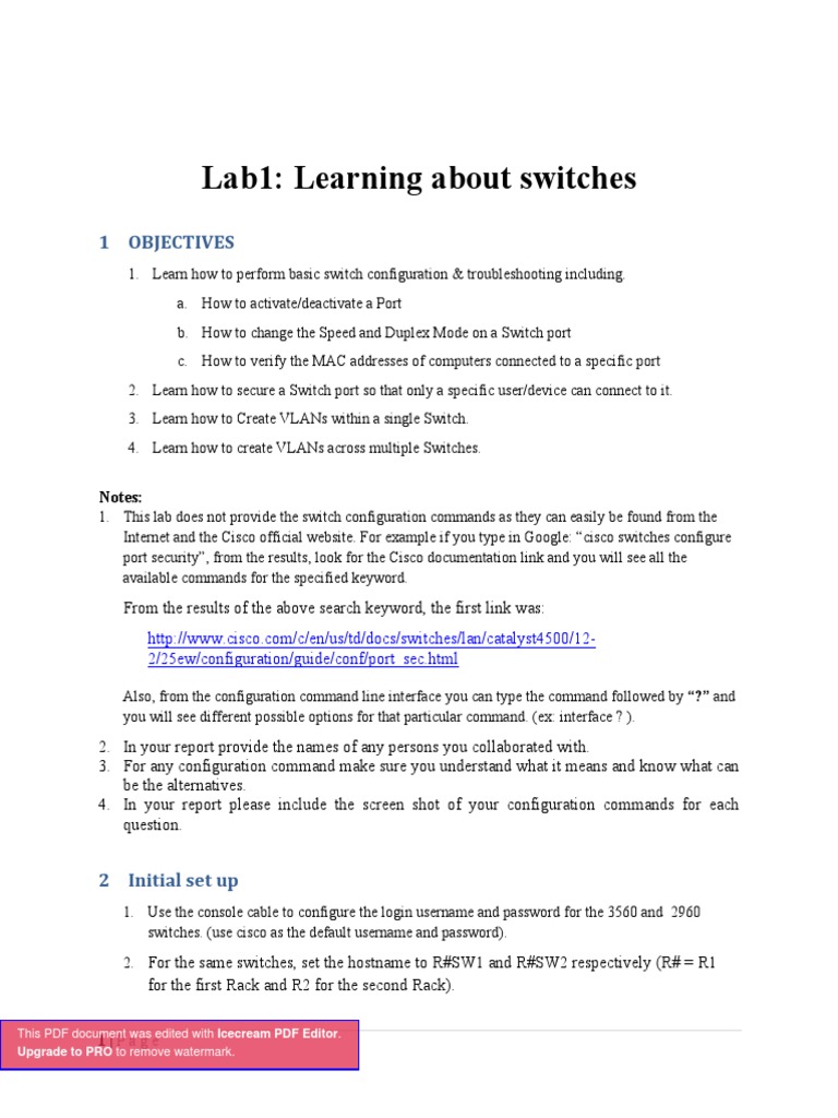Lab1: Learning About Switches: 1 Objectives | PDF | Network Switch | Command Line Interface