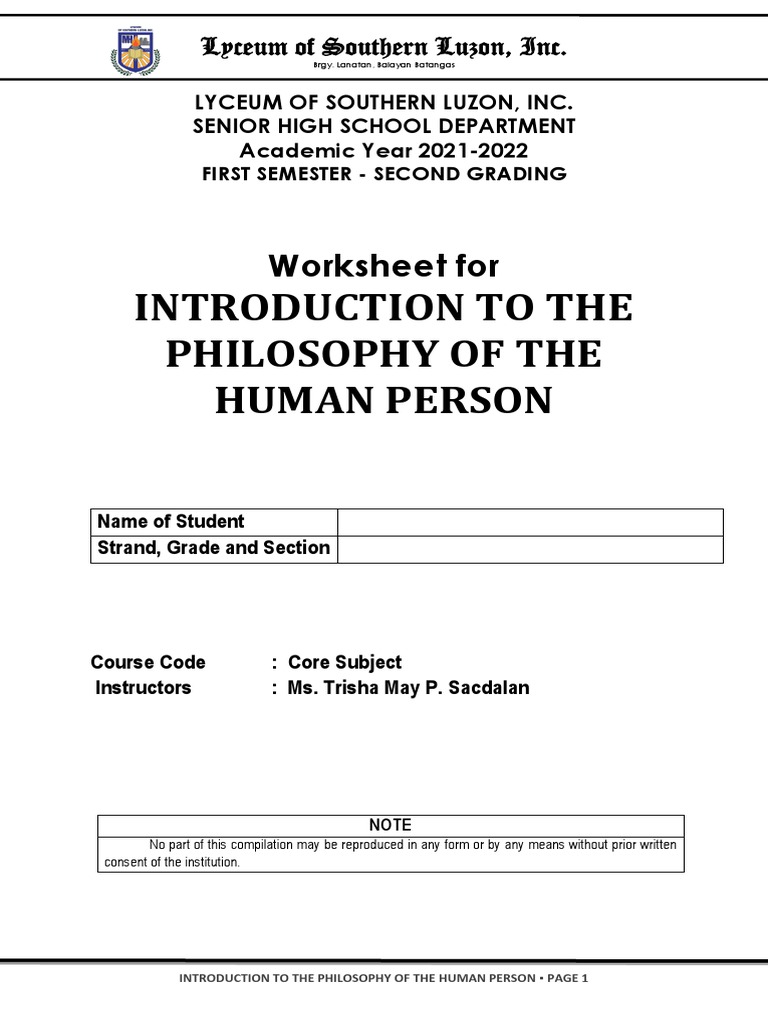 Introduction To The Philosophy of The Human Person: Worksheet For | PDF ...