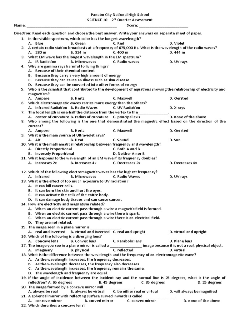SCIENCE 10 2nd Quarter Assessment | PDF | Electromagnetic Radiation ...