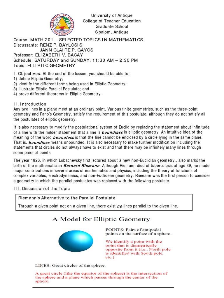 Elliptic Geometry - Baylosis - Gayos | PDF | Line (Geometry) | Hyperbolic Geometry