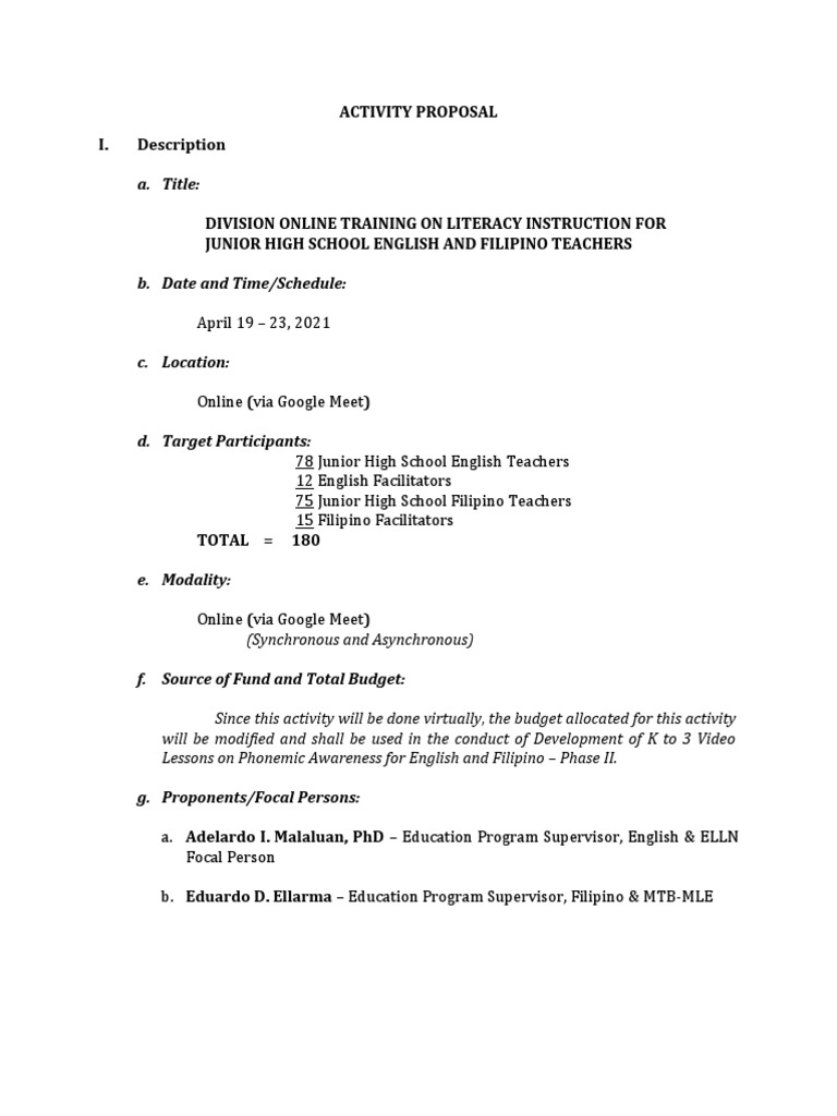 ACTIVITY PROPOSAL-Literacy Instruction For JHS | PDF | Literacy | Educational Technology