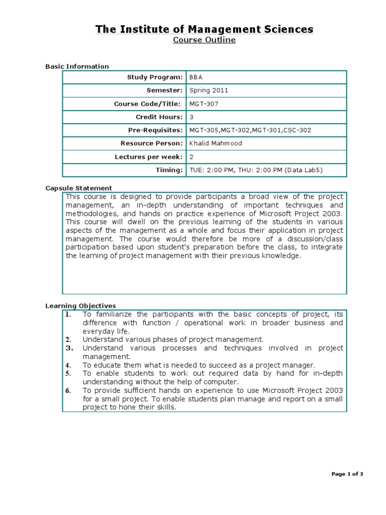 Course Outlines BBA Project Management | Project Management | Lecture