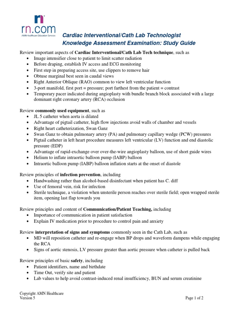 Cardiac Interventional Cath Lab Tech v4. Study Guide | Download Free ...