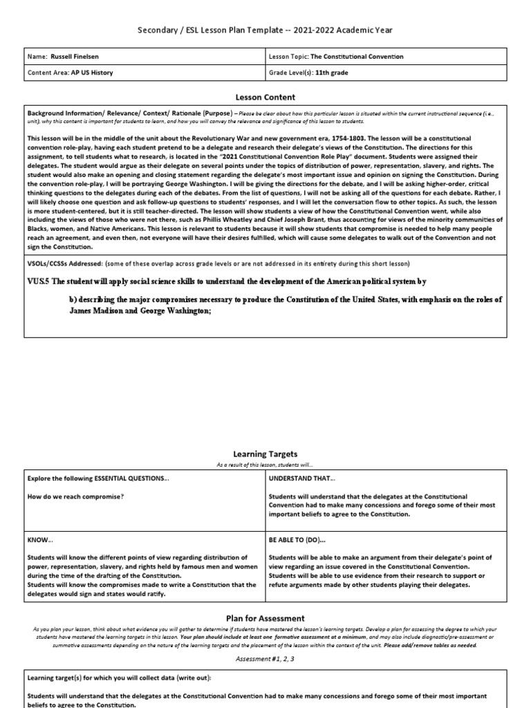 Constitutional Convention Lesson Plan | PDF | Constitutional Convention ...