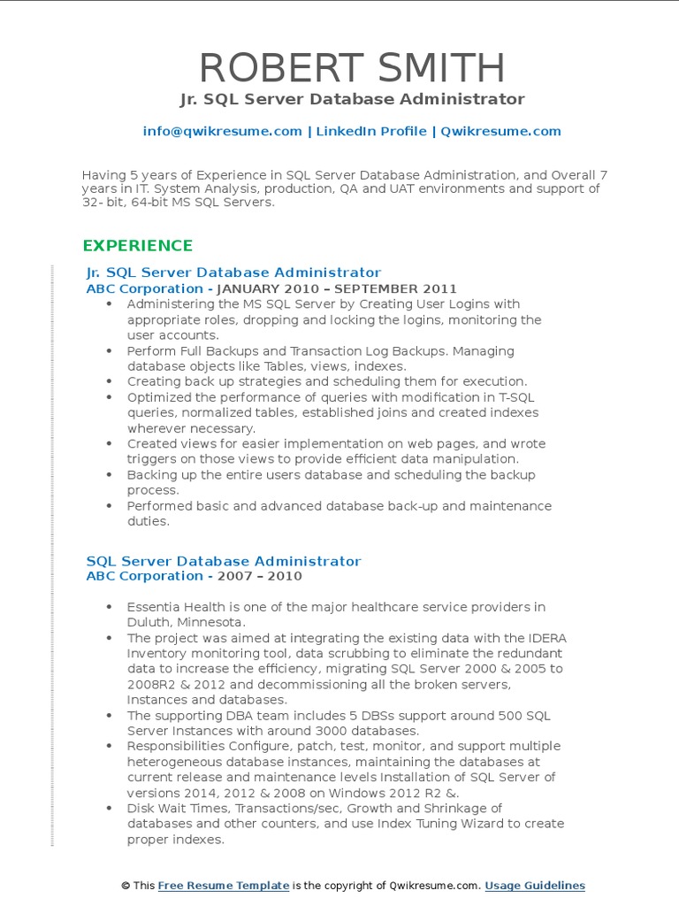 Robert Smith: Jr. SQL Server Database Administrator | PDF | Microsoft Sql Server | Databases