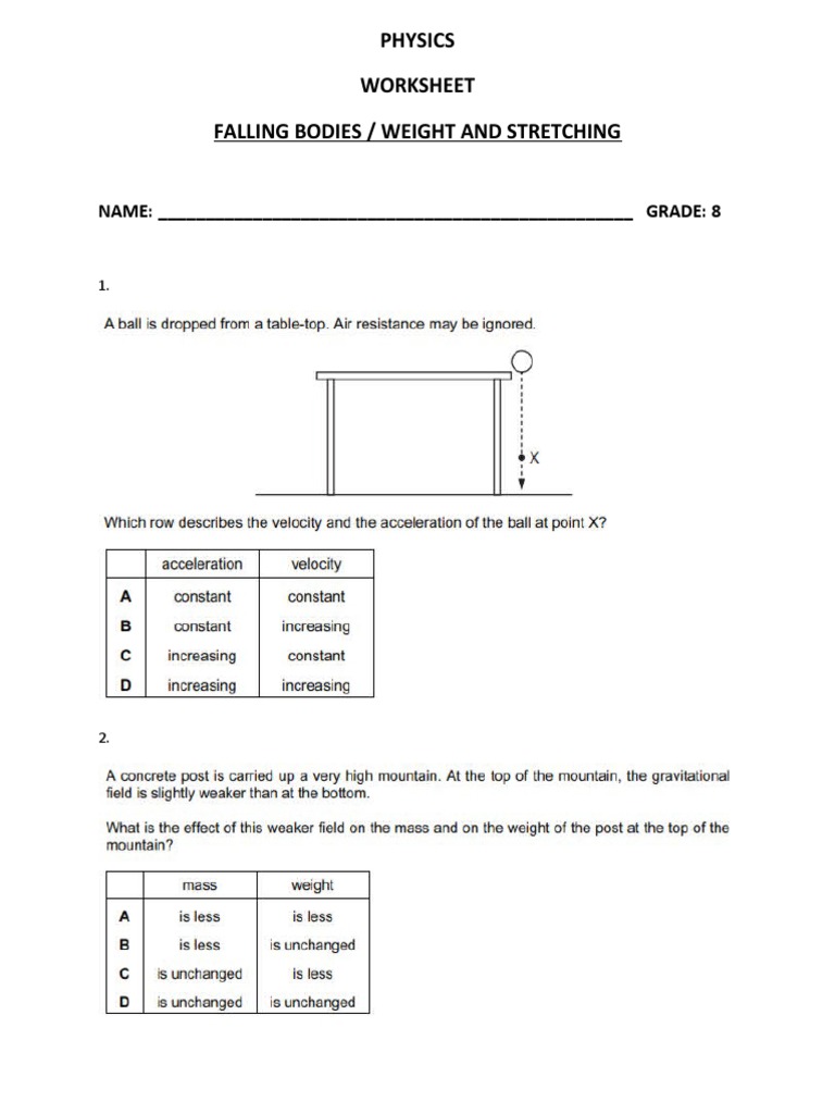Physics Worksheet Falling Bodies / Weight and Stretching | PDF