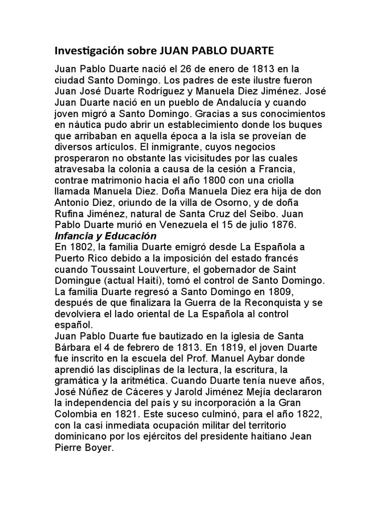 Investigación Sobre La Vida de JUAN PABLO DUARTE | PDF | República ...