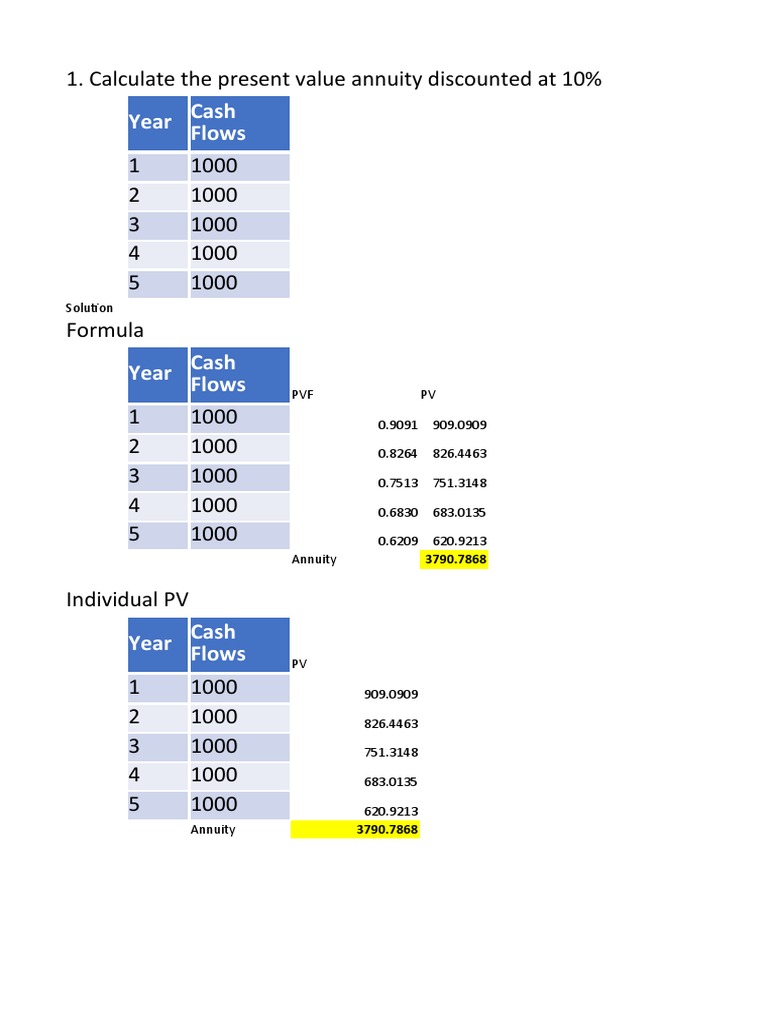 Year Cash Flows: 1. Calculate The Present Value Annuity Discounted at 10% | Download Free PDF ...