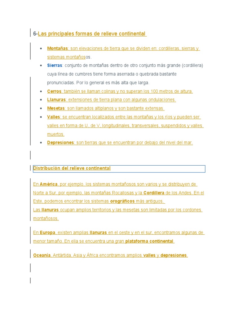 6 - Formas Del Relieve Continental | Descargar gratis PDF | Terreno | Montañas