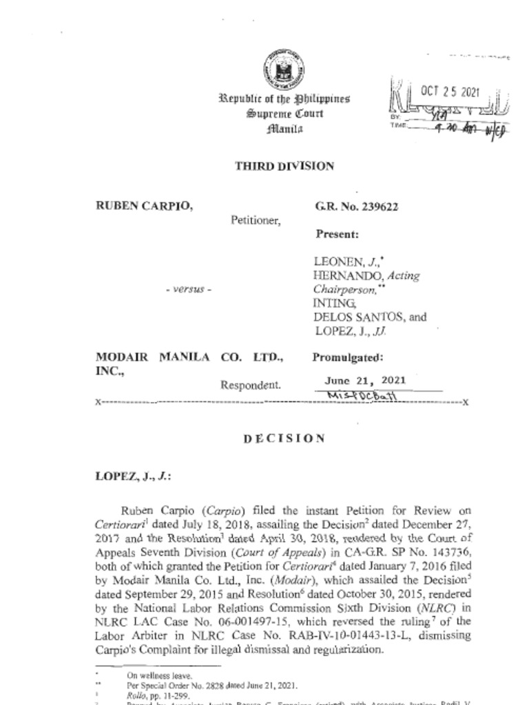 Carpio Vs Modair Manila Co. LTD., Inc. | PDF | Employment | Labour Law