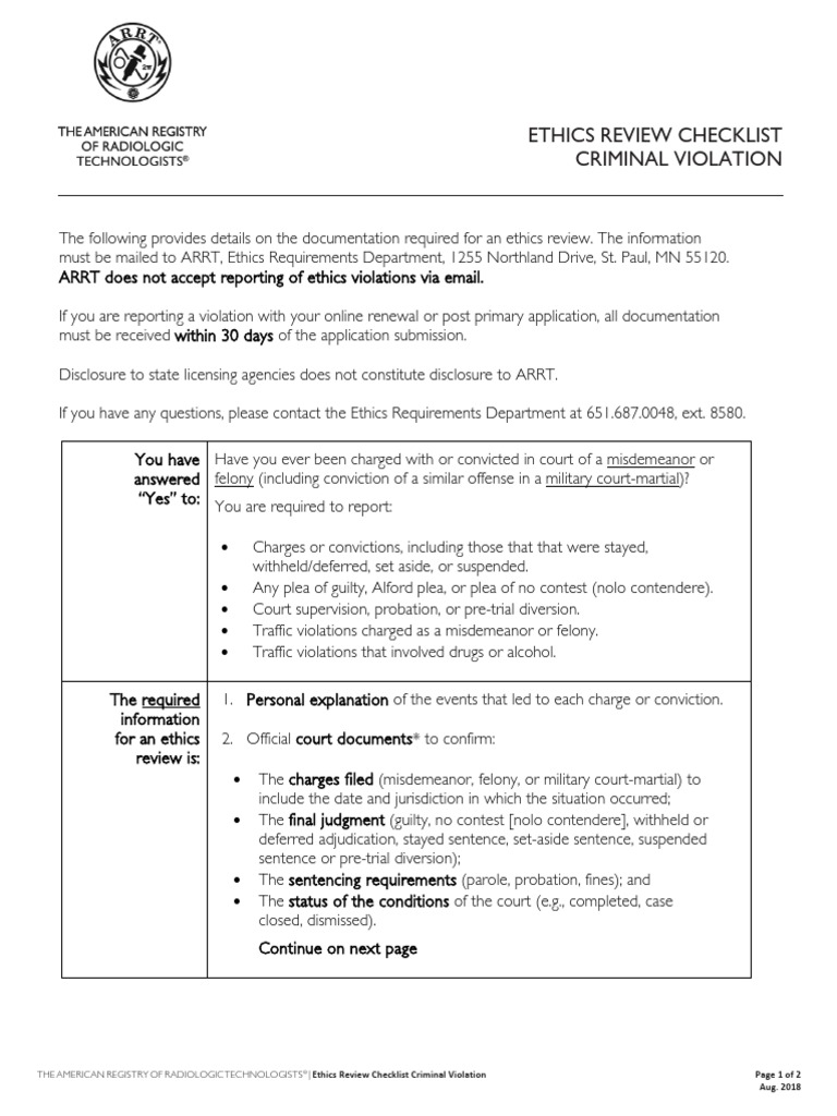 ARRT Ethics Review Checklist: Criminals | PDF | Probation | Nolo Contendere