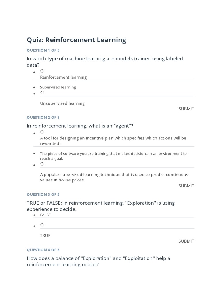 Quiz: Reinforcement Learning: Question 1 of 5 | PDF | Machine Learning ...