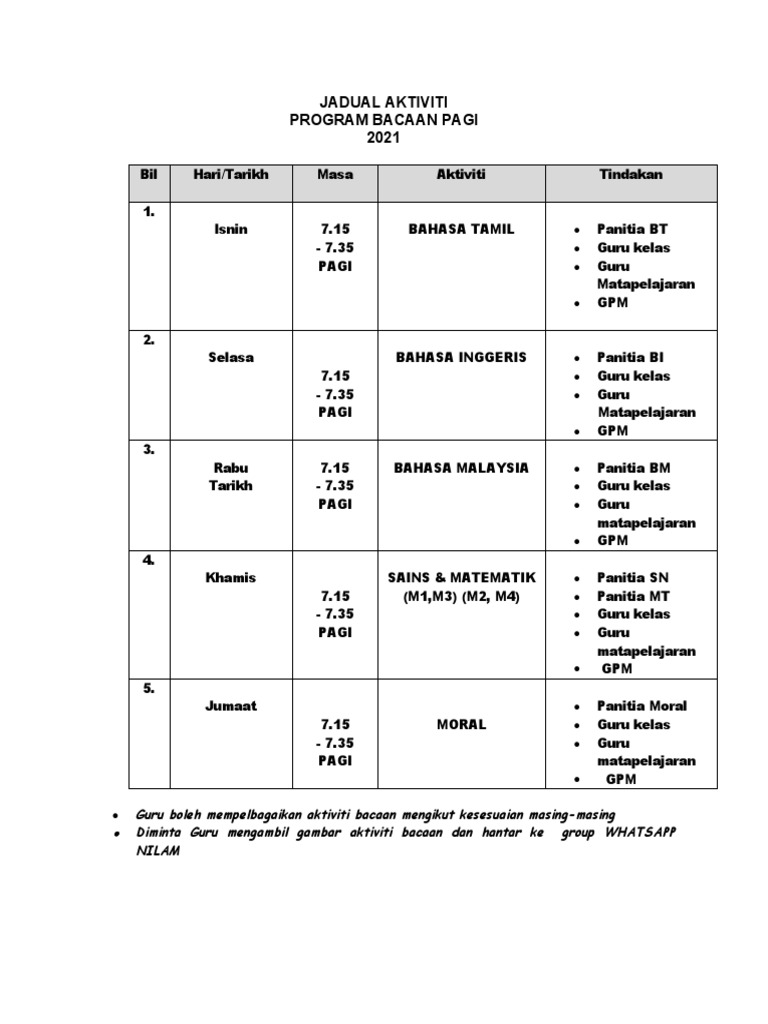 Jadual Program Bacaan Pagi 2021 | PDF
