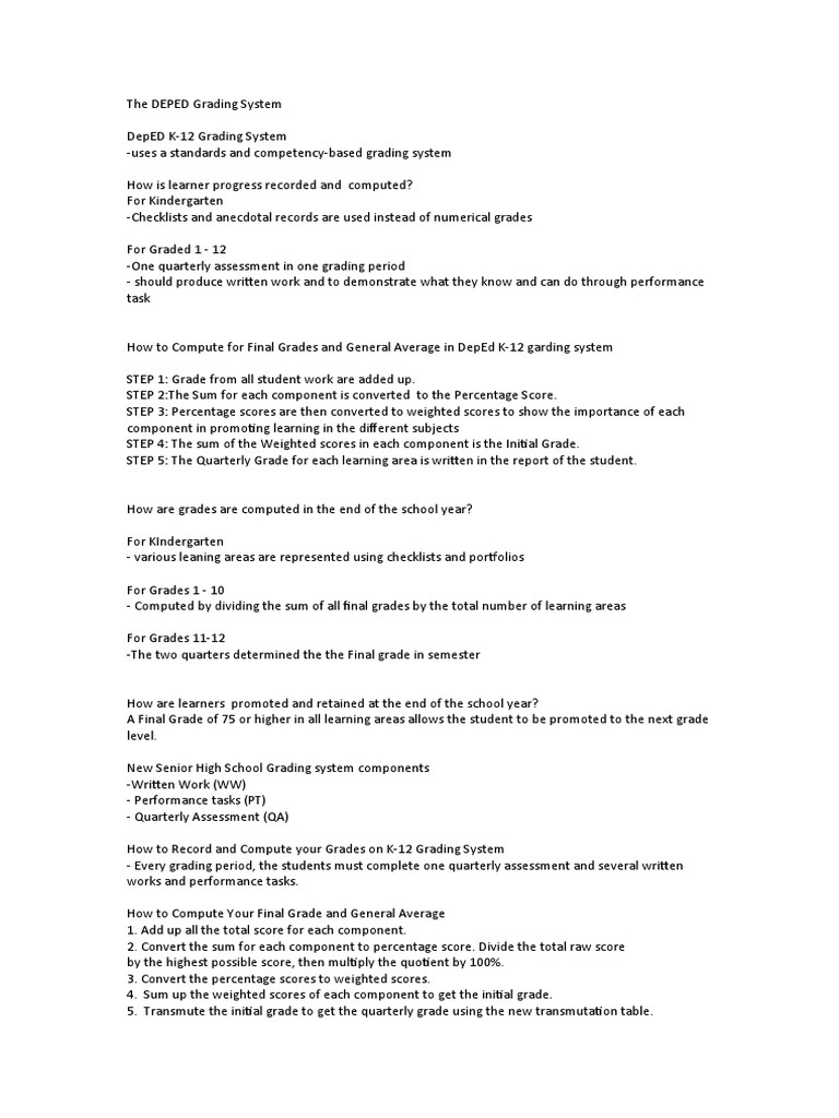 The DEPED Grading System | PDF | Learning | Teaching