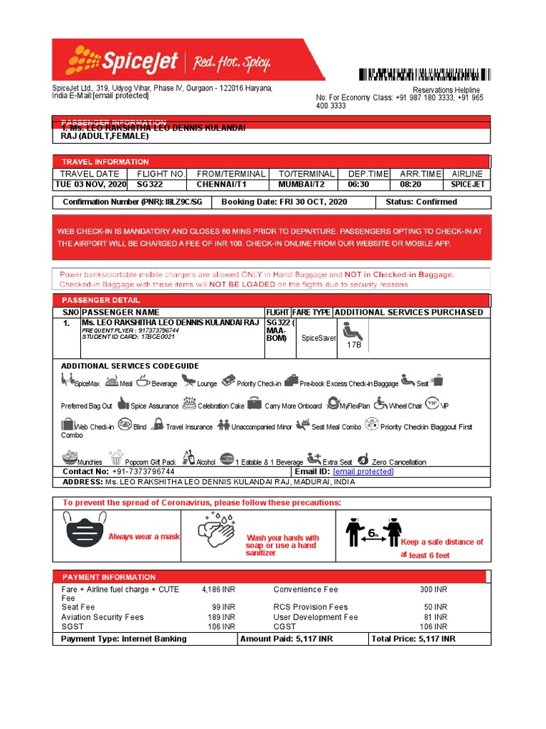 Spicejet Ticketpdf | PDF | Credit Card | Baggage