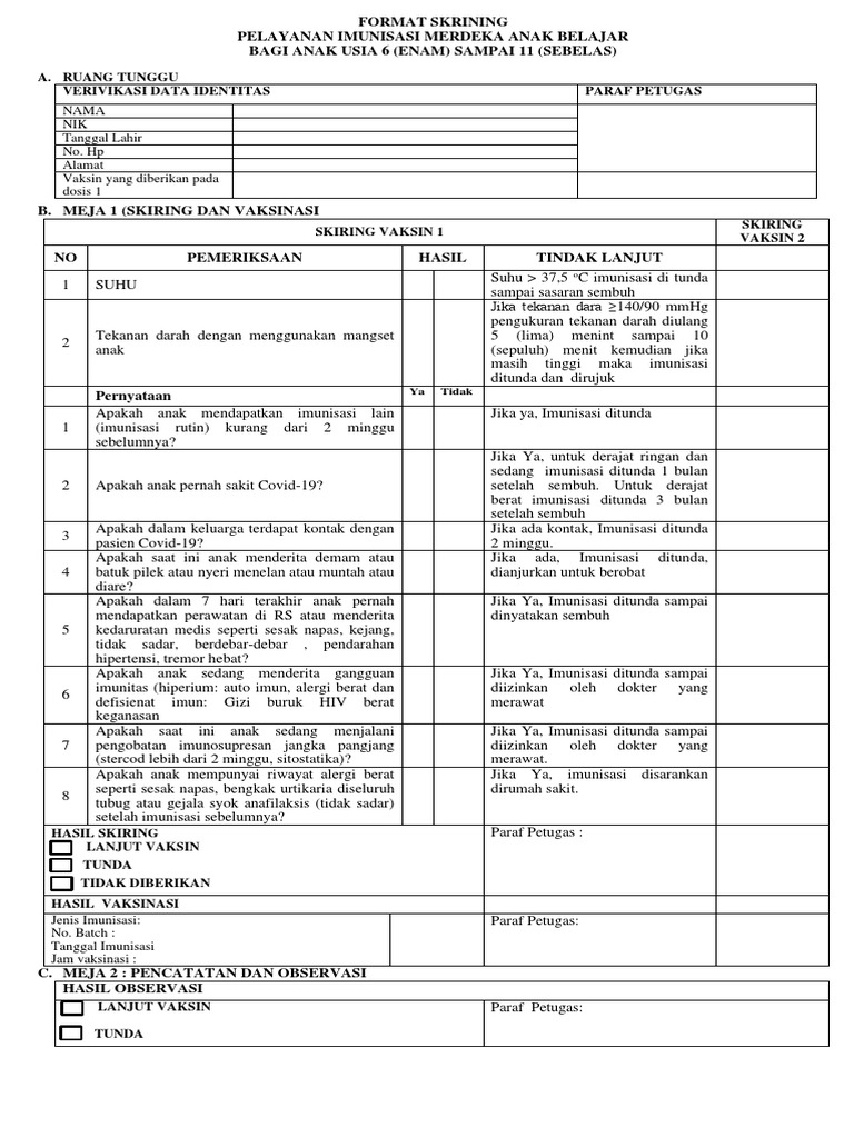 FORMAT SKRINING Imunisasi | PDF