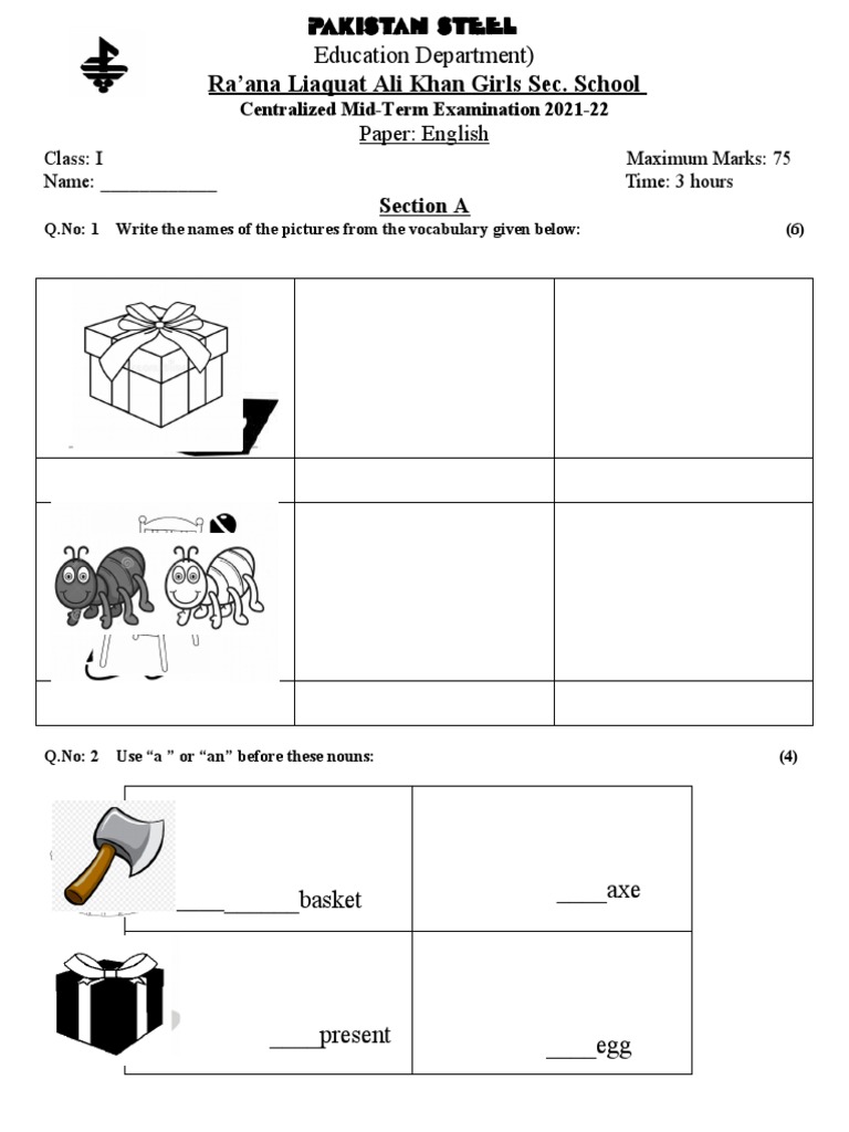 Paper English Class I 1st Mid-Term Examination 2021-22 | PDF ...