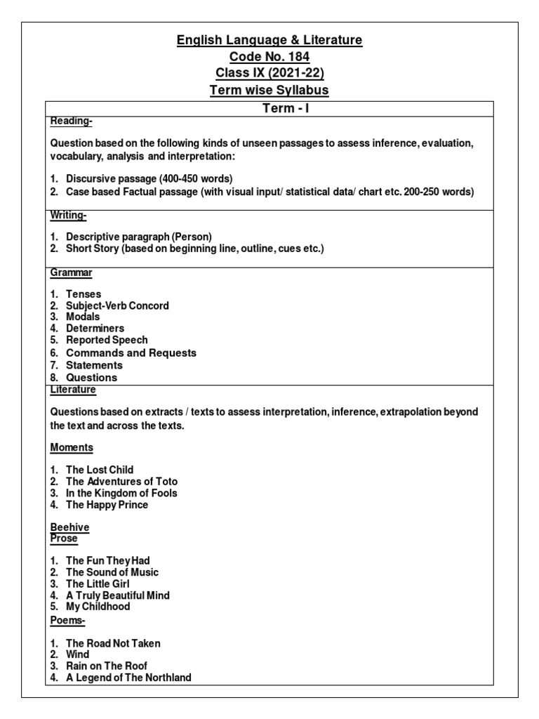 English Language & Literature Code No. 184 Class IX (2021-22) Term Wise ...
