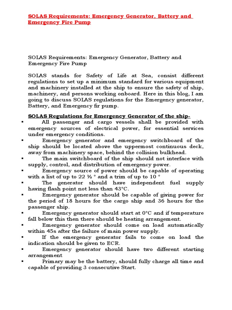 Emergency Power System in SOLAS | PDF | Pump | Ships