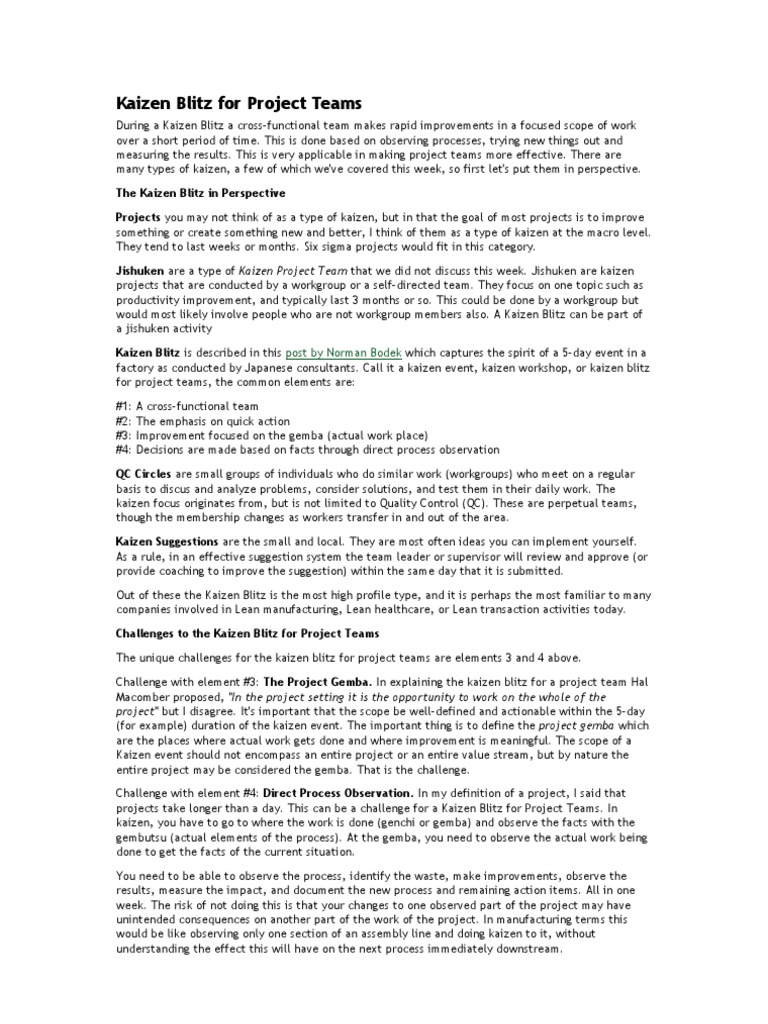 Kaizen Blitz For Project Teams | PDF | Lean Manufacturing | Business