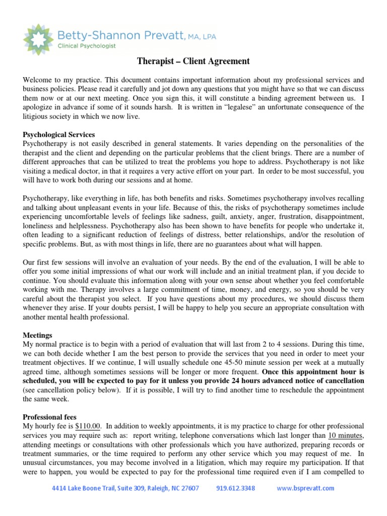 Therapist Client Agreement Overview | PDF | Confidentiality | Psychotherapy