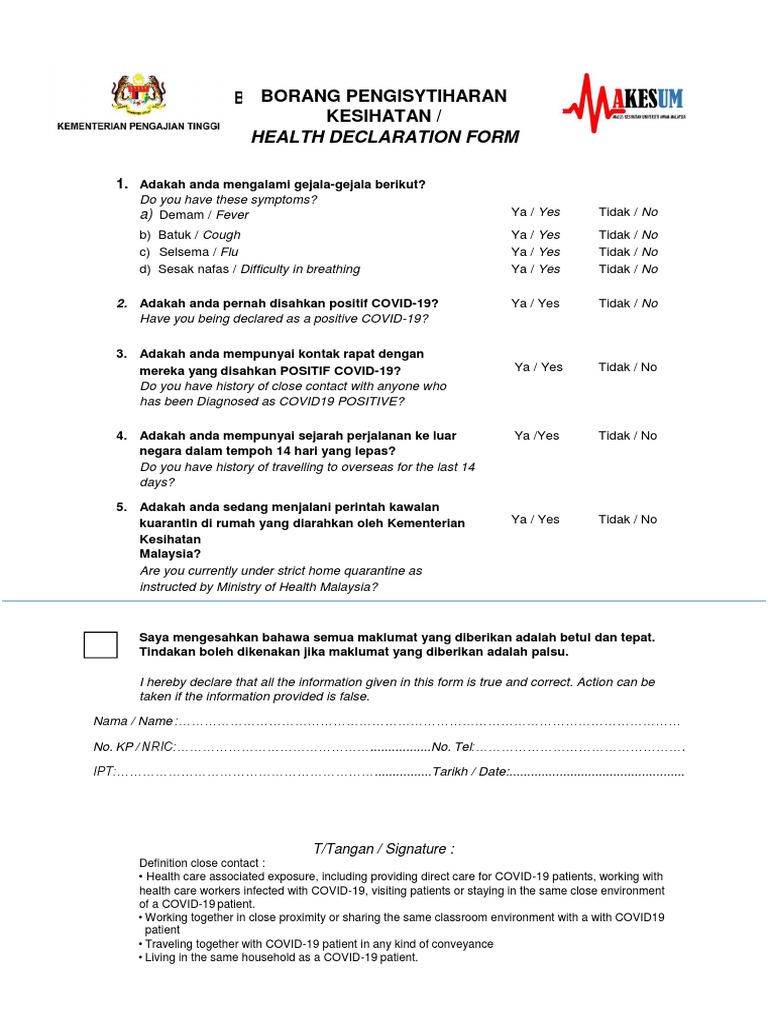 Health Declaration Form: Borang Pengisytiharan Kesihatan | PDF | Health ...