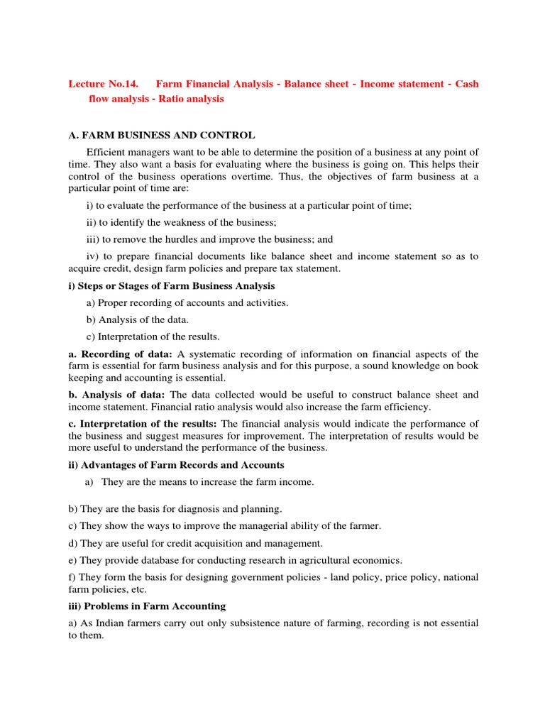 Lecture No.14. Farm Financial Analysis - Balance Sheet - Income ...