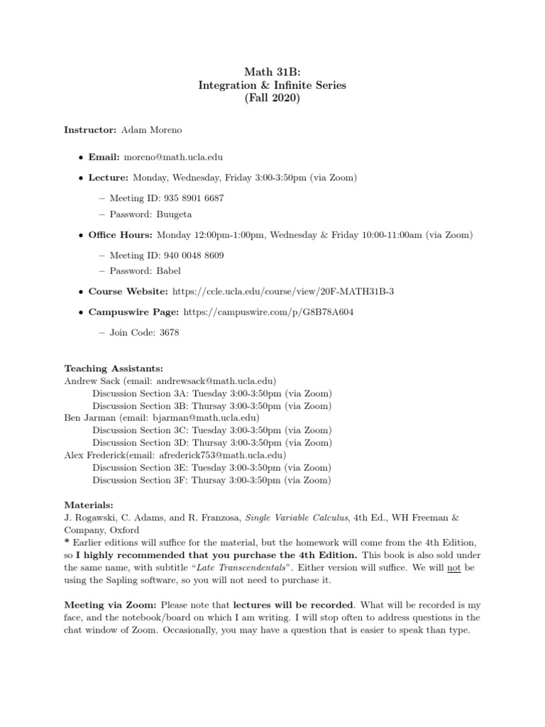 Math 31B: Integration & Infinite Series (Fall 2020) | PDF | Academic Dishonesty | Trigonometric ...