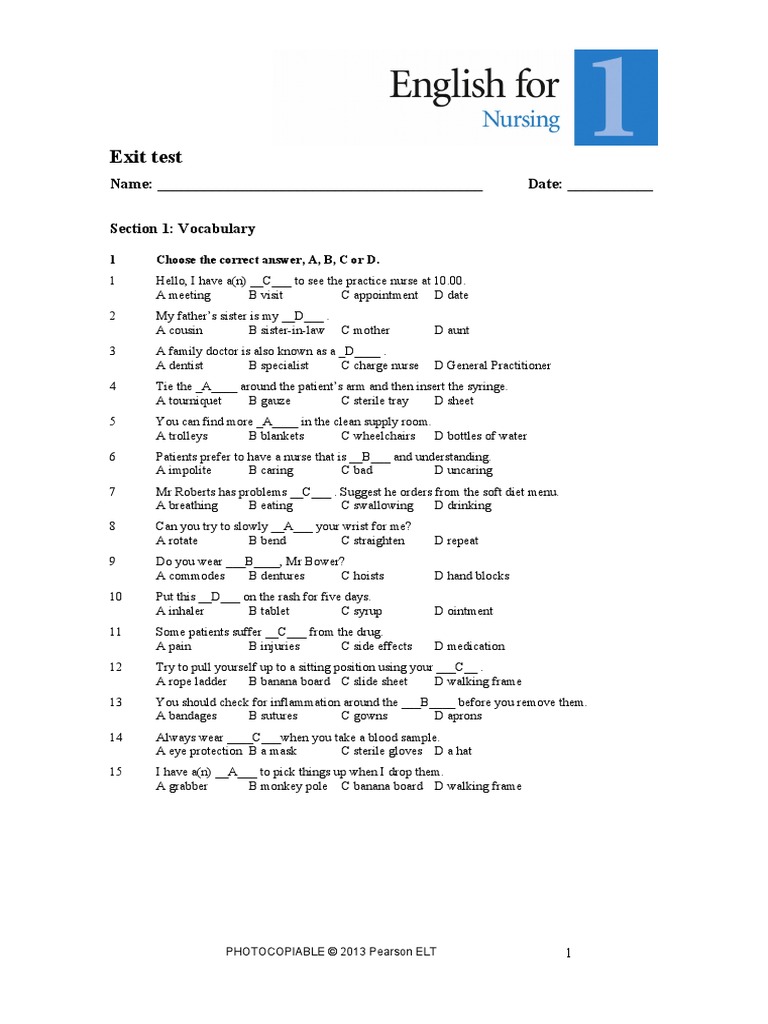 Exit Test: Name: - Date: - Section 1: Vocabulary | PDF | Health ...