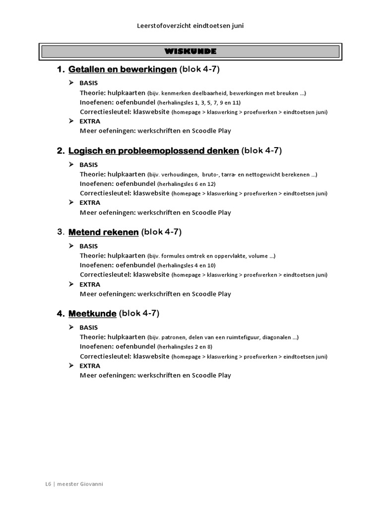 Overzicht Leerstof Eindtoetsen Juni 2022 | PDF