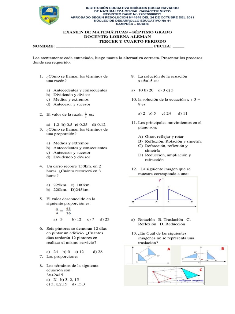 Examen de Matemáticas Séptimo Grado | PDF | Métodos y materiales de ...