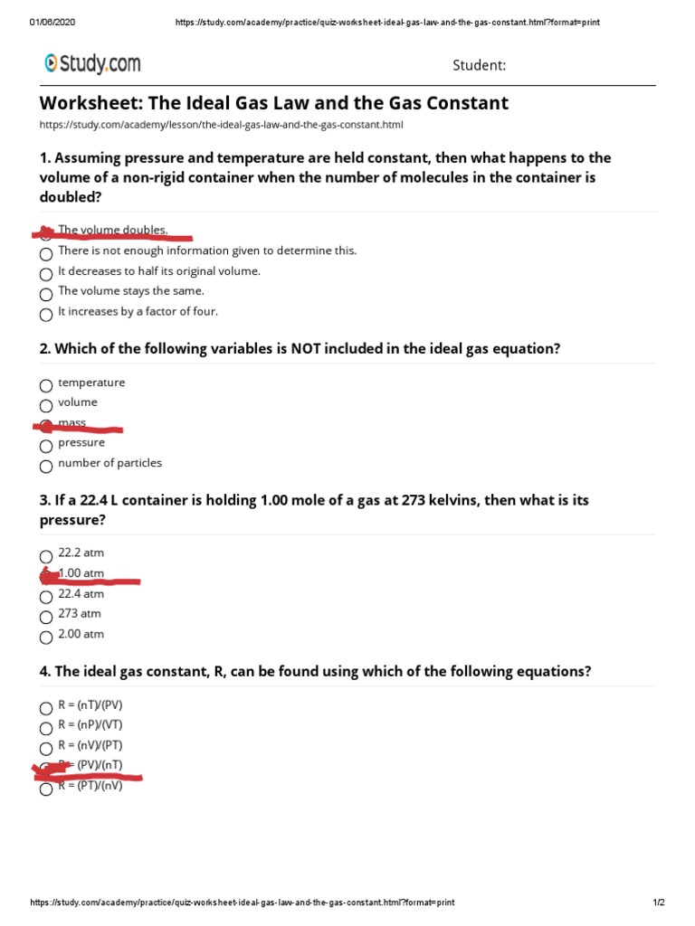 Quiz Worksheet Ideal Gas Law and The Gas Constant | PDF