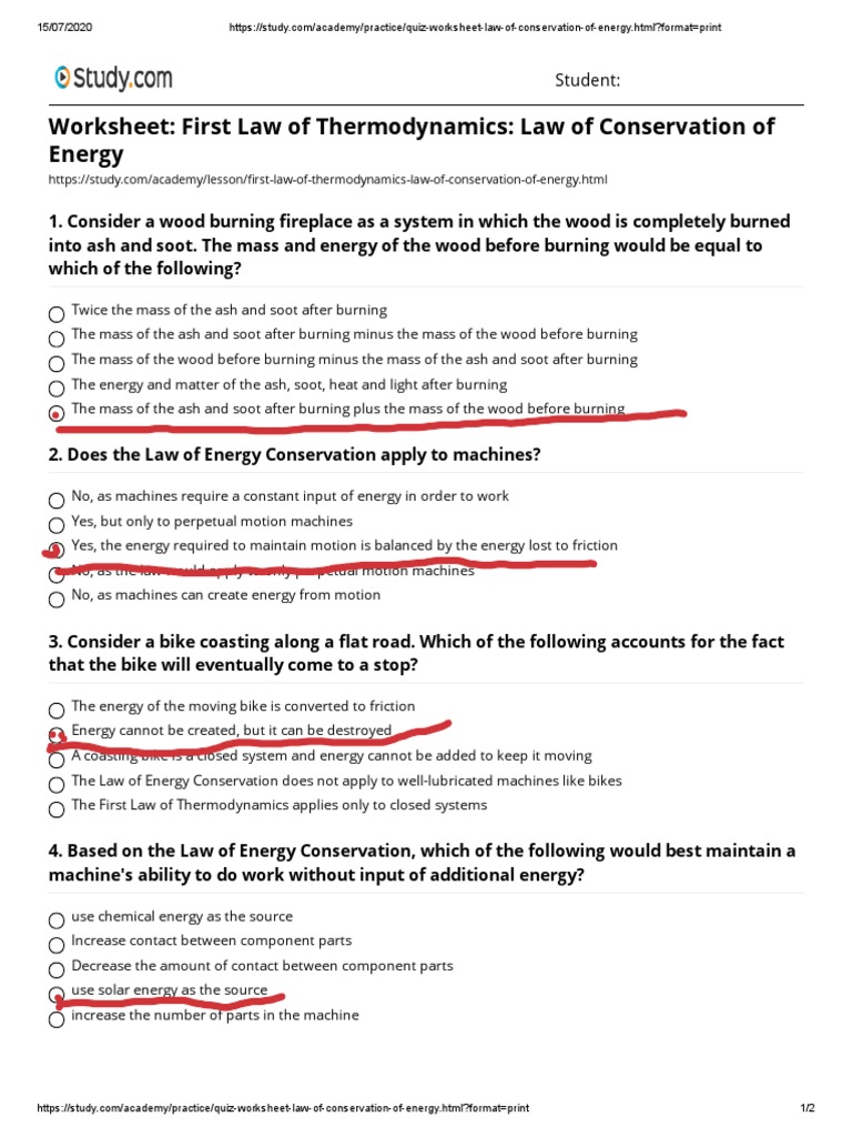 Quiz Worksheet Law of Conservation of Energy.. | Download Free PDF | Laws Of Thermodynamics | Mass