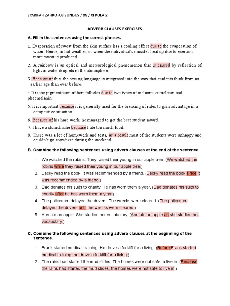 Adverb Clauses Exercises | PDF