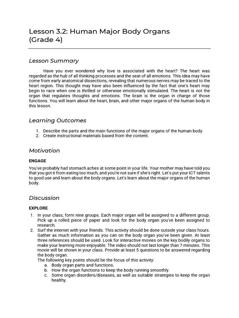 Lesson 3.2: Human Major Body Organs (Grade 4) | PDF | Lung | Stomach
