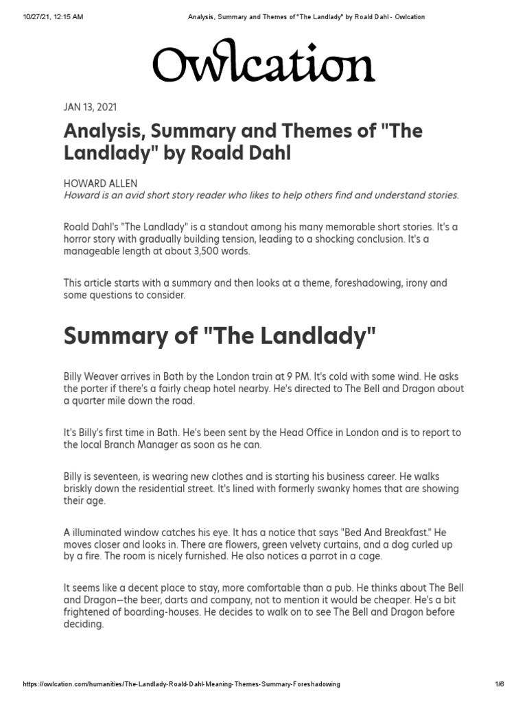 Analysis, Summary and Themes of - The Landlady - by Roald Dahl ...
