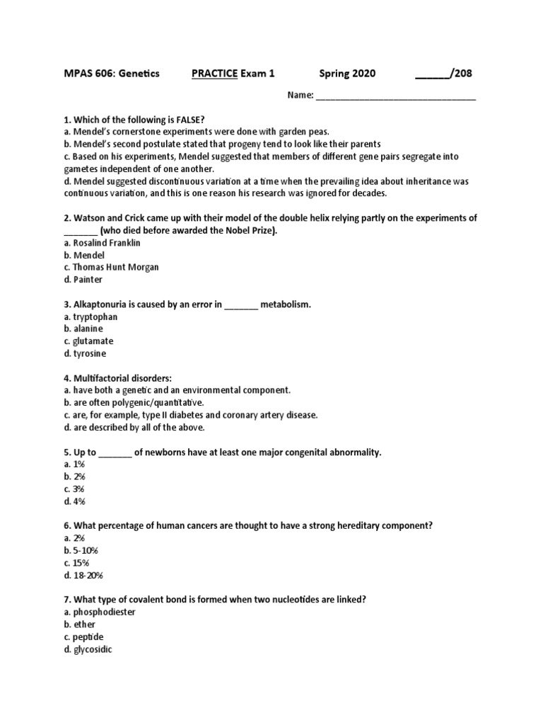 Genetics Practice Practice Exam 1 | PDF | Meiosis | Gene