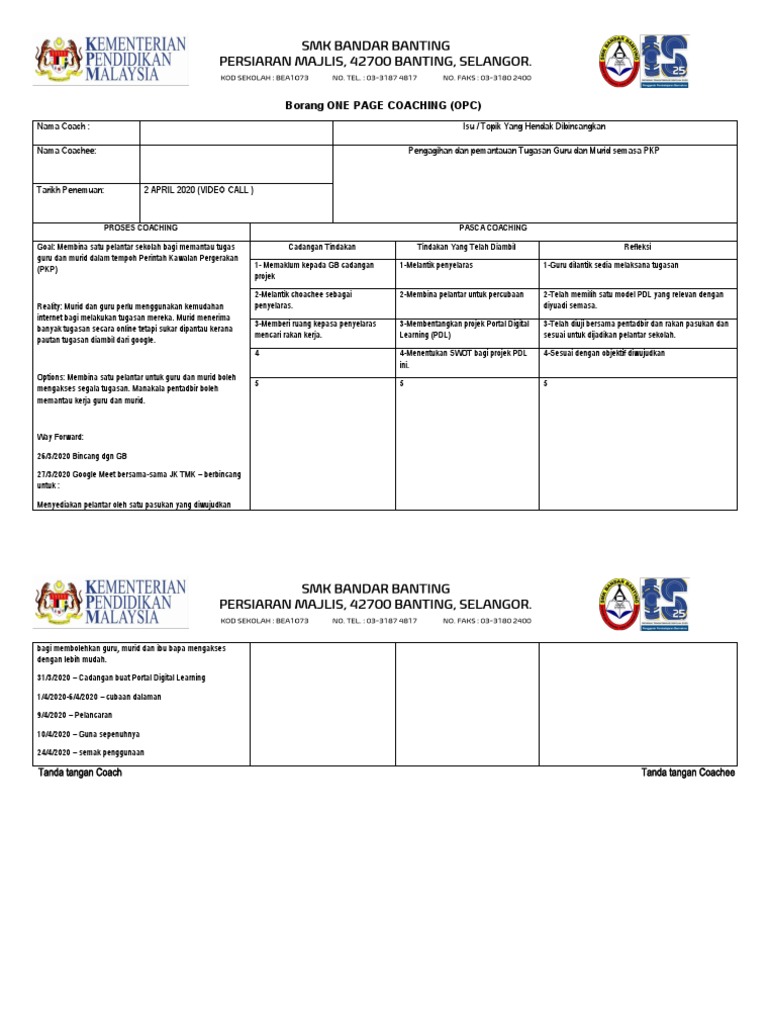 BORANG ONE PAGE COACHING Beserta Contoh Cara Pengisian Boleh Edit | PDF
