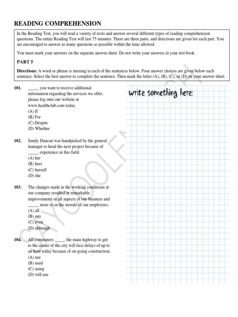 TOEIC Reading Comprehension Practice | PDF | Reading Comprehension