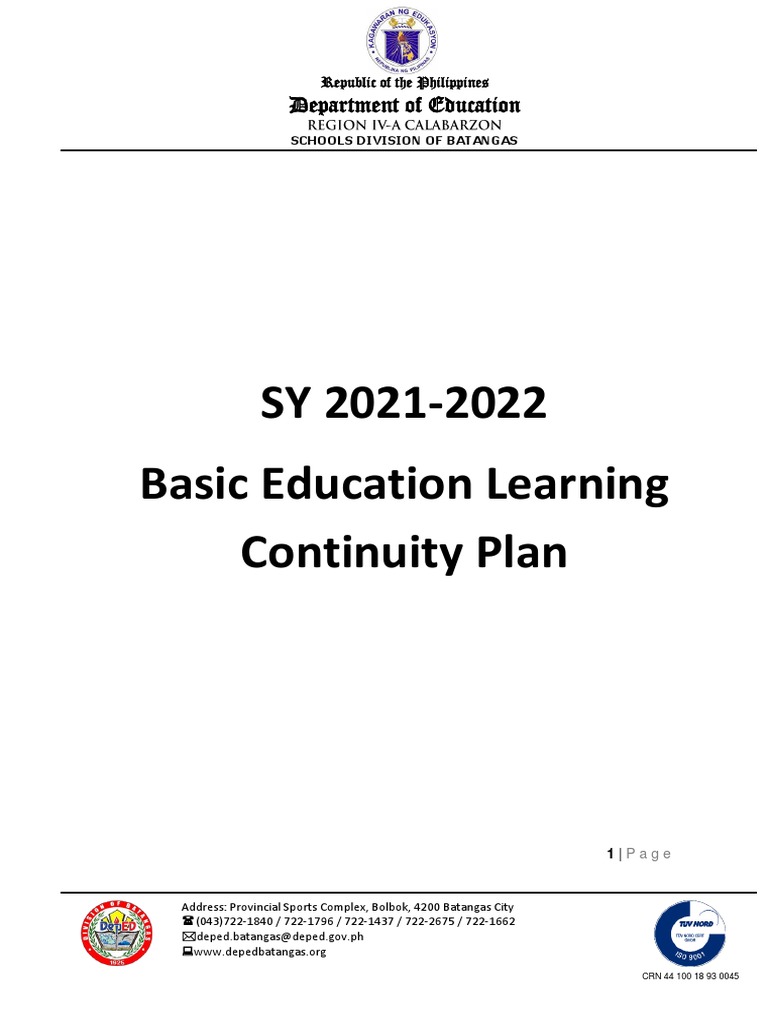 SY 2021-2022 Basic Education Learning Continuity Plan | PDF | Teachers | Learning