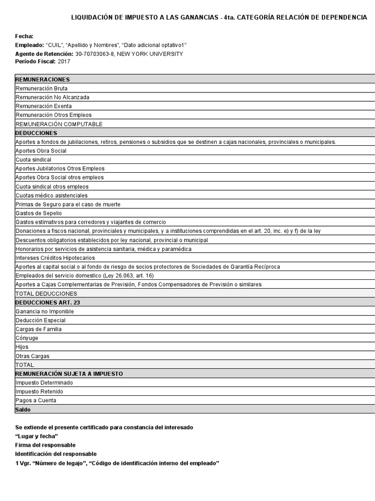 Liquidación De Impuesto A Las Ganancias 4ta Categoría Relación De