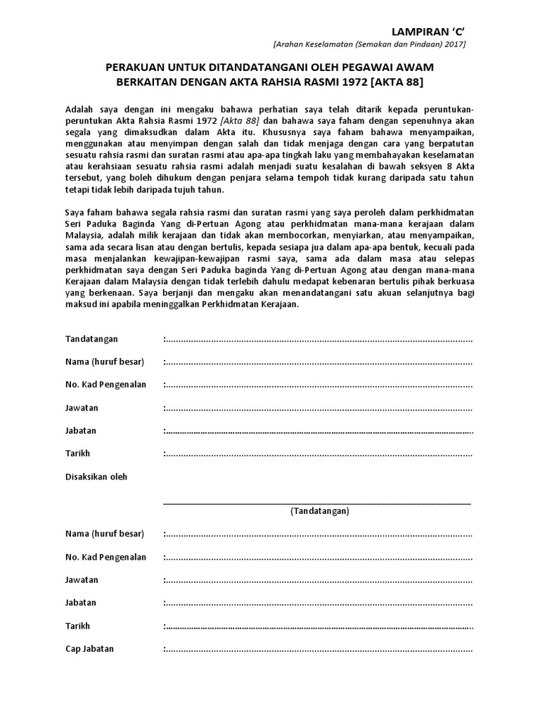 Lampiran C Borang Akta Rahsia Rasmi 1972 | PDF