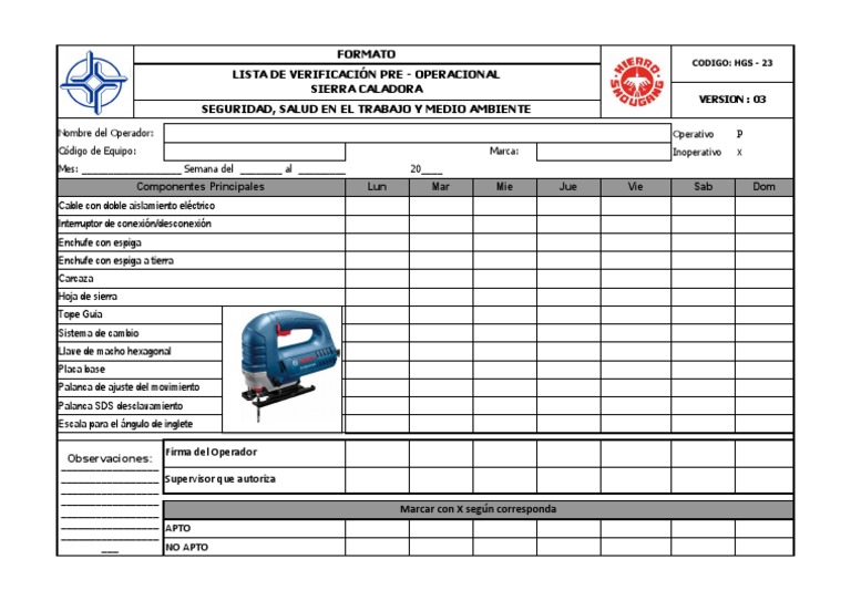 Check List Pre-Operacional Sierra Caladora | PDF