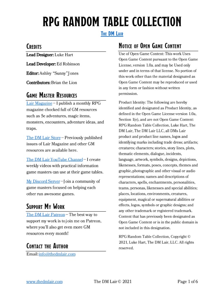 RPG Random Table Collection | PDF