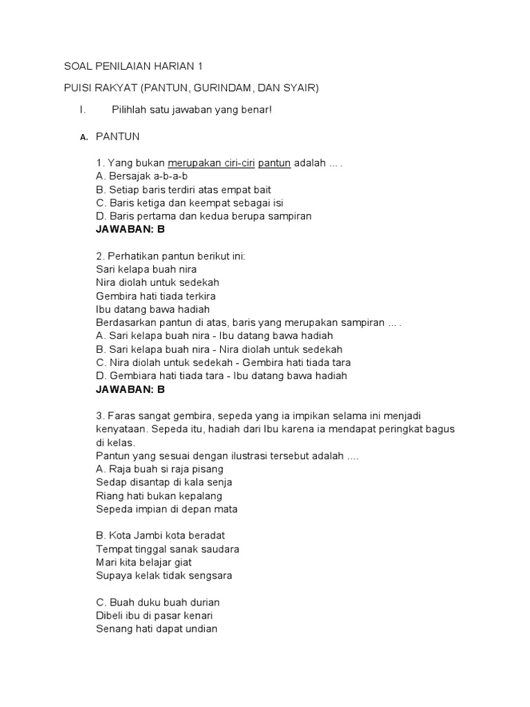 Soal Puisi Rakyat (Pantun, Gurindam, Dan Syair) | PDF