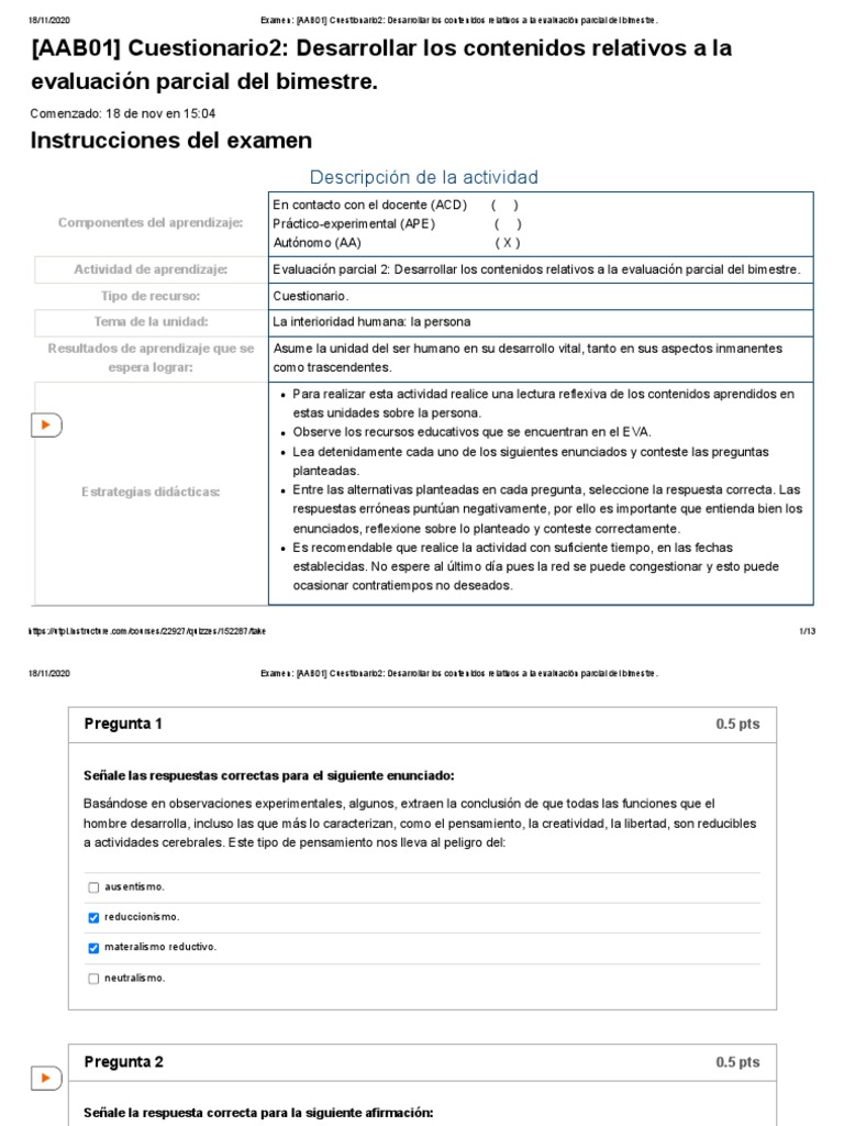 Examen AAB01 Cuestionario2 Desarrollar Los Contenidos Relativos A La Evaluaci N Parcial Del Bime ...