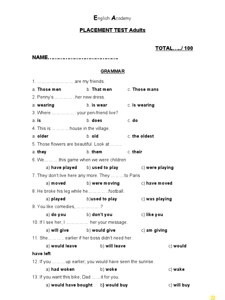 ESL Placement Test for Adults | PDF